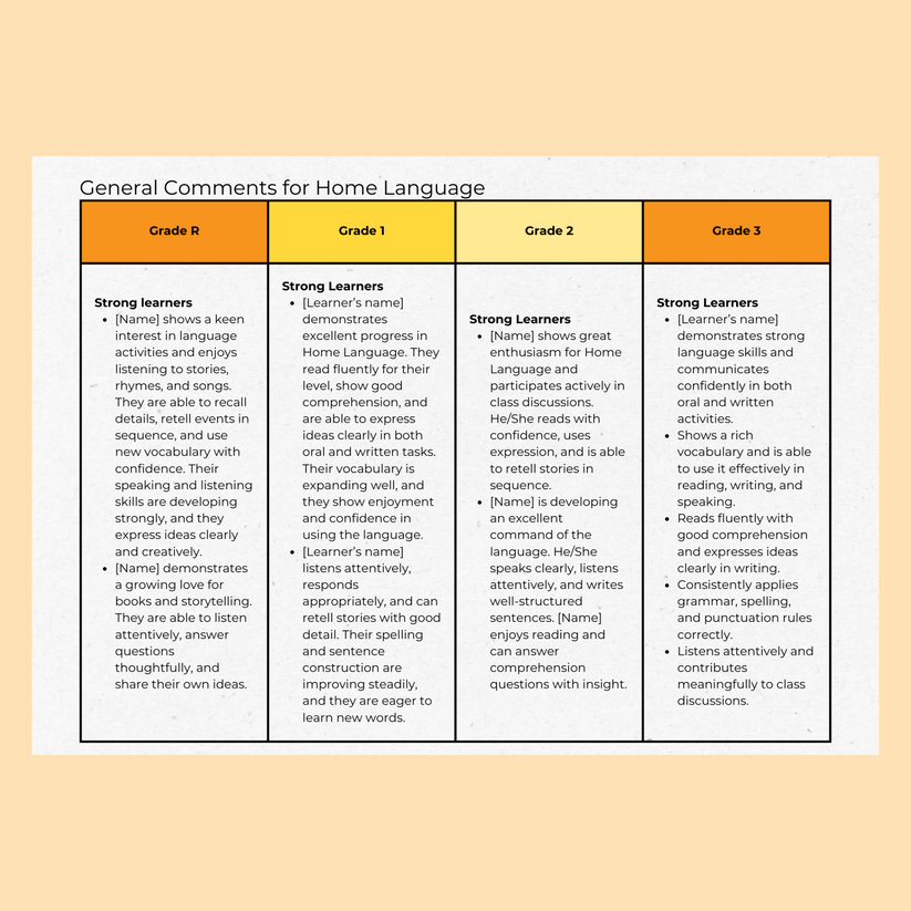 Report comments Grade R to 3 – Beeing The Foundation
